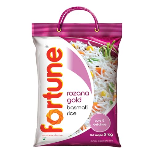 Fortune Rozana Gold Basmati Rice 5Kg | Cooked Grain Upto 15 Mm | Fluffy ...